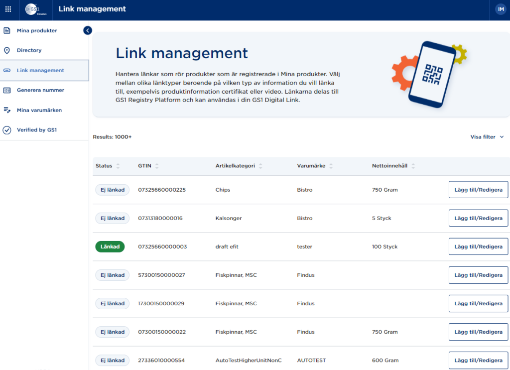 Link management » GS1 Sweden